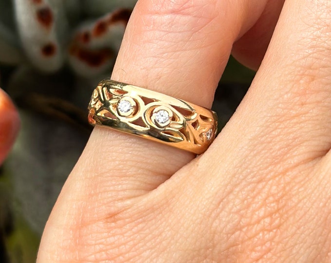 10mm Hawaiian Ring With Diamonds, 14k Gold Ring Size 3, Cut Out Design ...