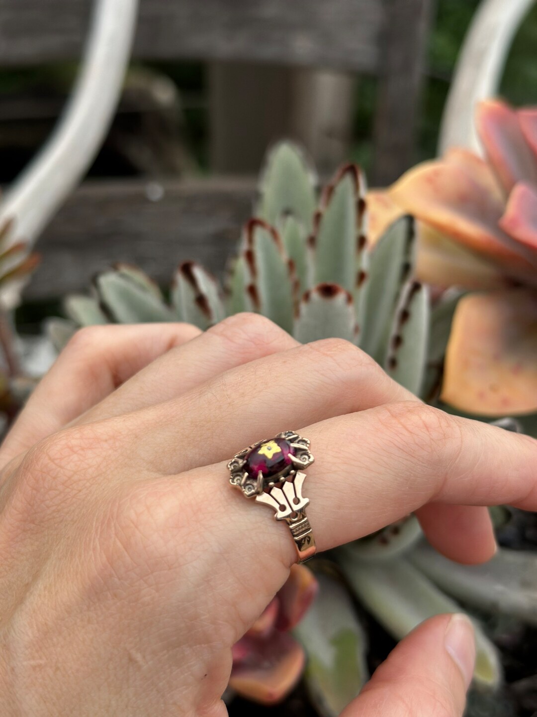 Victorian Rose of Sharon Ring | Antique 10k Foiled Garnet Intaglio & Diamond | Flower Sweetheart ...