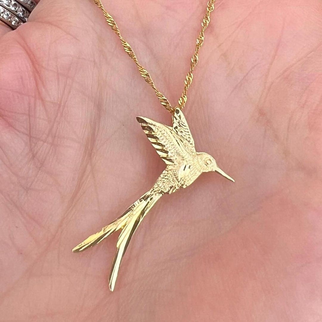 Vintage Humming Bird Charm, Gold Bird Pendant, 14K Solid Gold Necklace ...