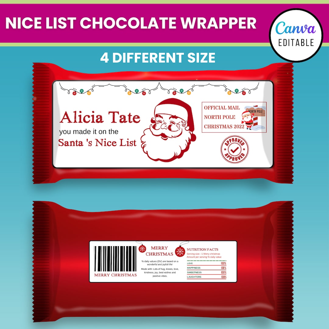 Santa Nice List Chocolate Wrapper Santa Candy Bar Wrappers Nice List ...