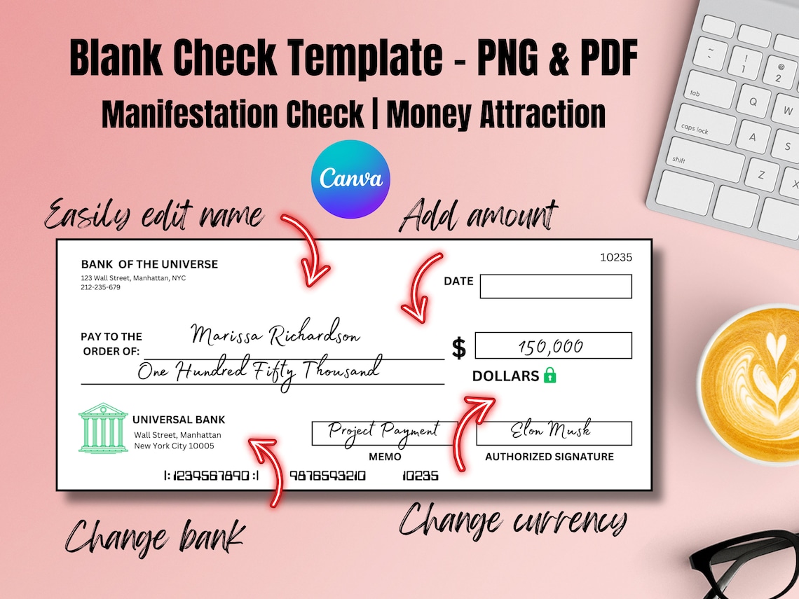 Manifestation Check Template: Editable Blank Check for Canva (digital ...