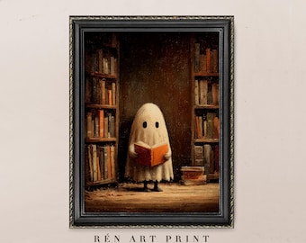 Vintage Library Ghost Print, Cozy Reading Ghostcore Art, Spooky Book ...