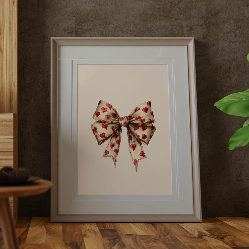 Printable Heart Bow Wall Art | Neutral Valentine Decor | Romantic ...