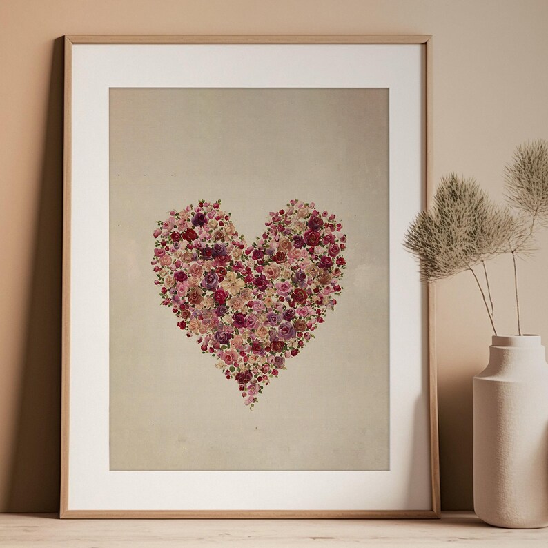 Vintage Floral Heart Print | Romantic Valentine Wall Art | Rose Heart ...