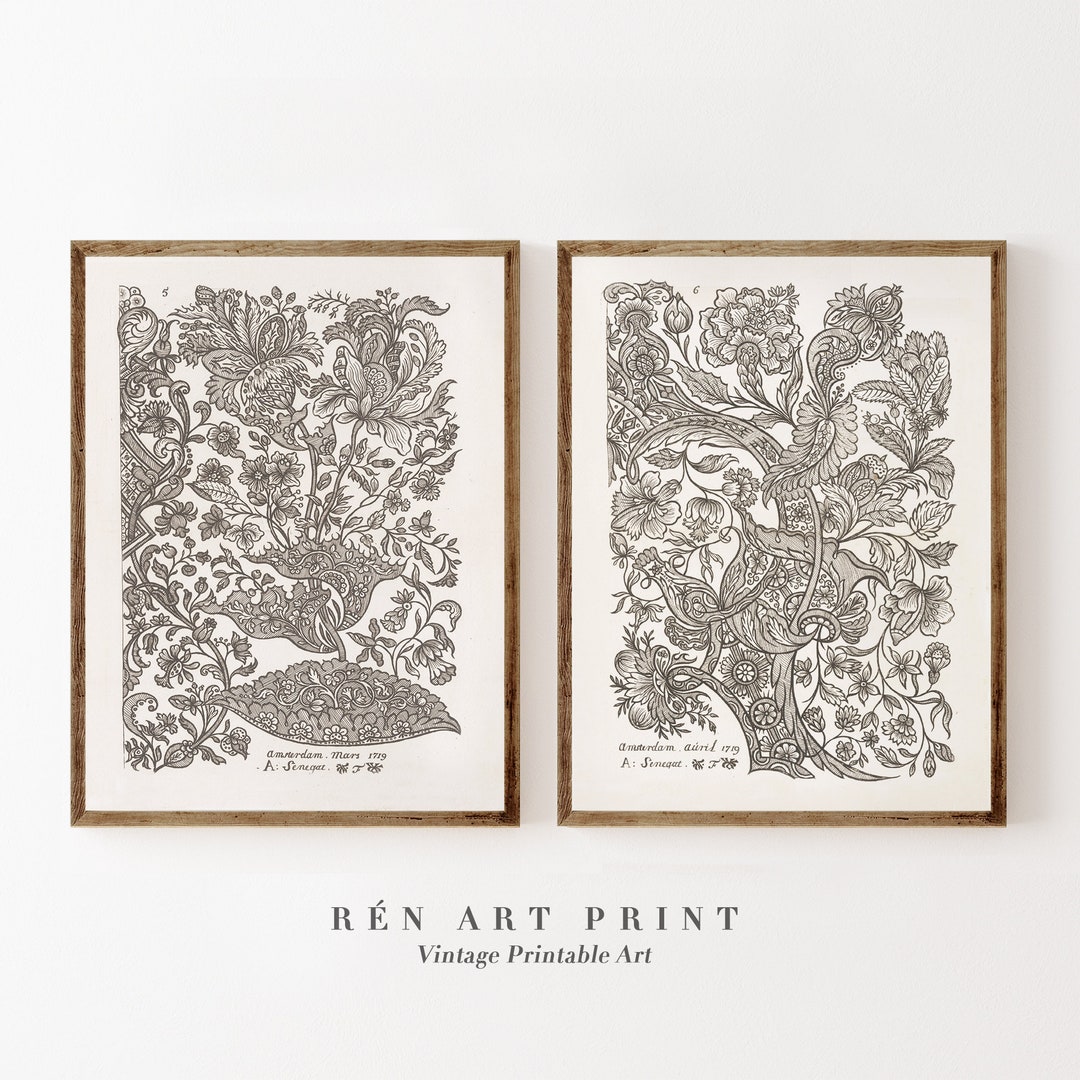 Vintage Floral Sketch Prints Set | Antique Textile Art (digital ...