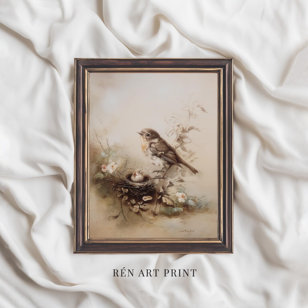 Vintage Bird Nest Print | Spring Robin Artwork | Neutral Nursery Wall ...