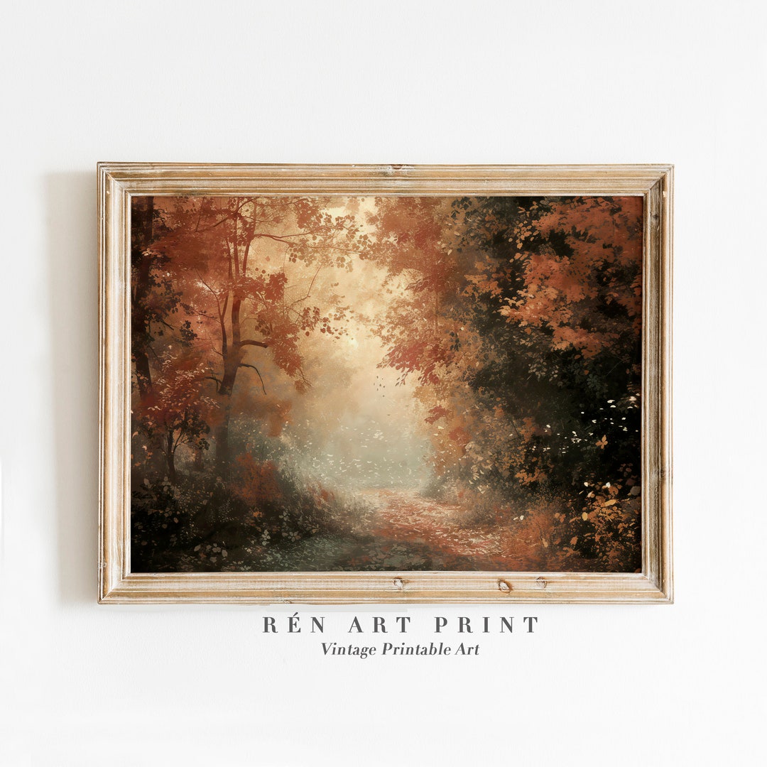Vintage Fall Scenery Painting | Warm Tone Art Print | Autumn Trees ...