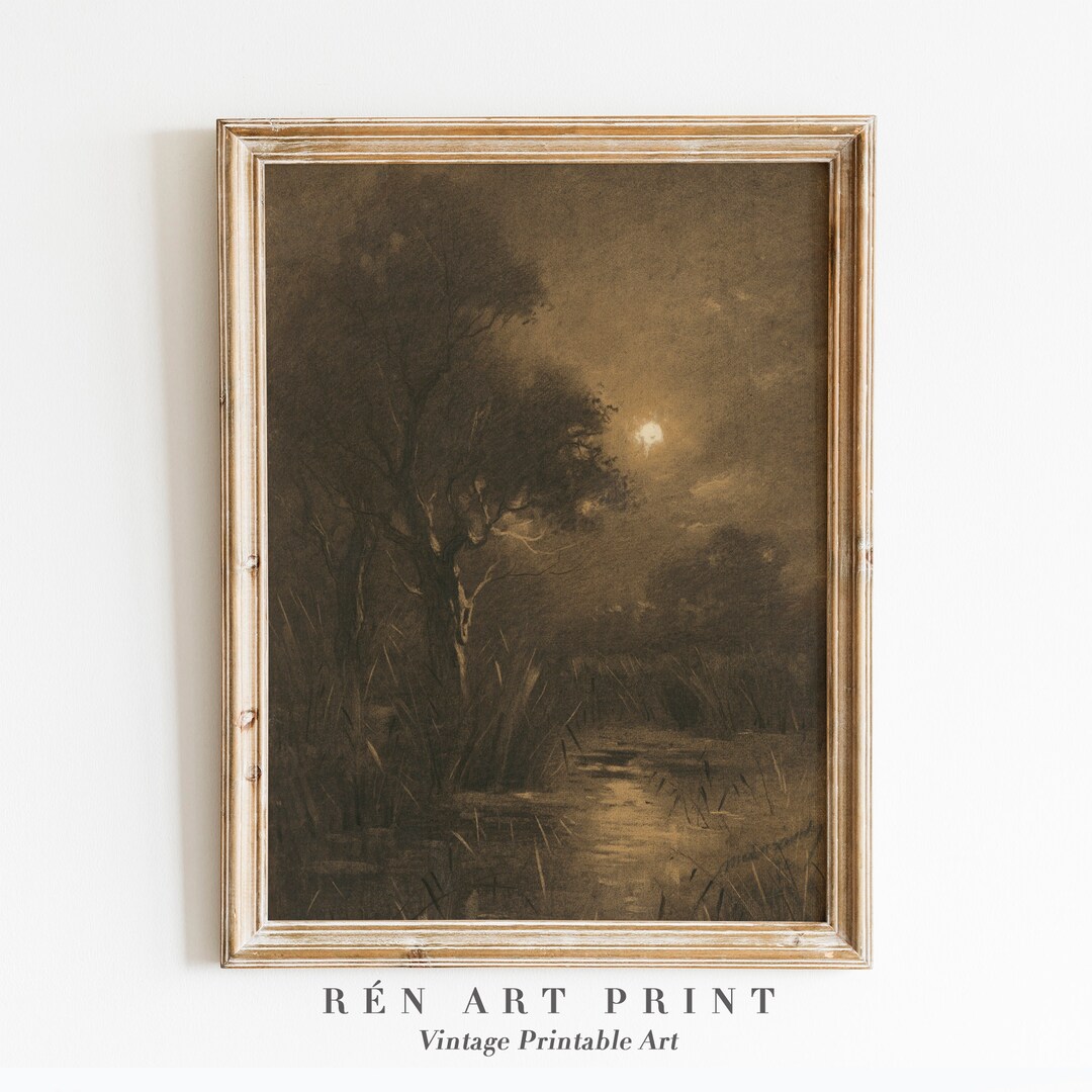 Moody Landscape Painting | Dark Wall Art | Vintage Night Painting ...