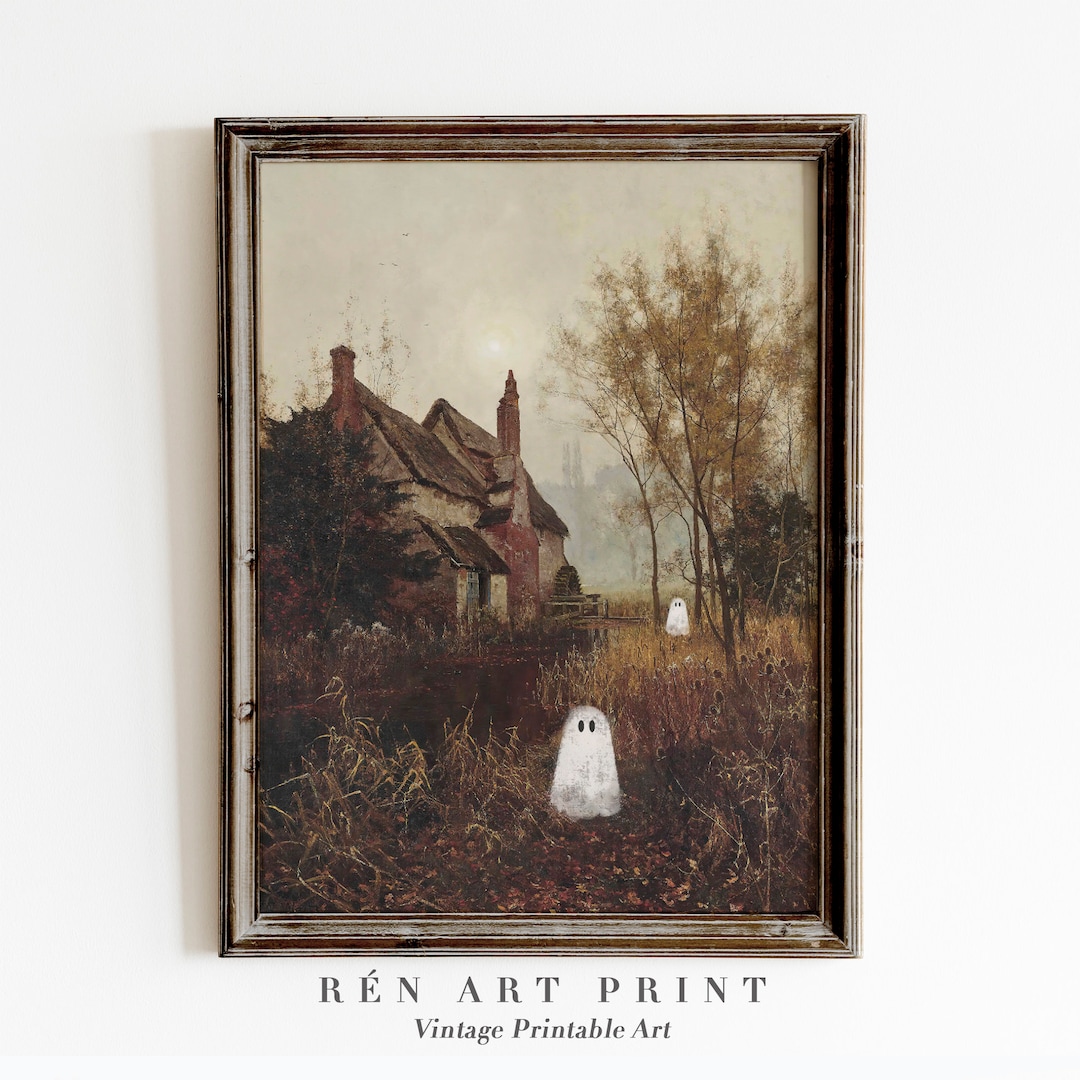 Cute Ghost Print Fall Landscape Painting | Halloween Printable Wall Art ...