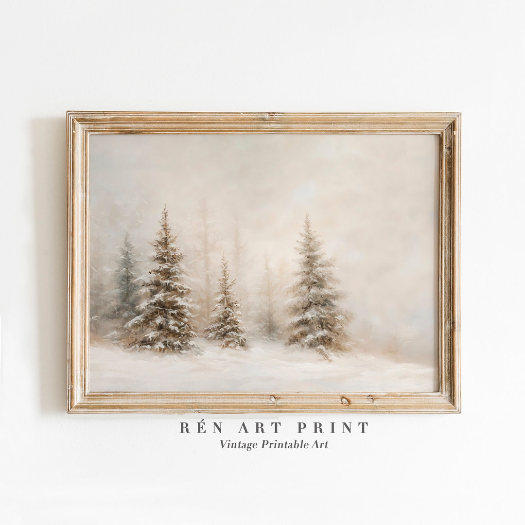 Neutral Christmas Wall Art | Vintage Winter Print | Pine Tree Painting ...