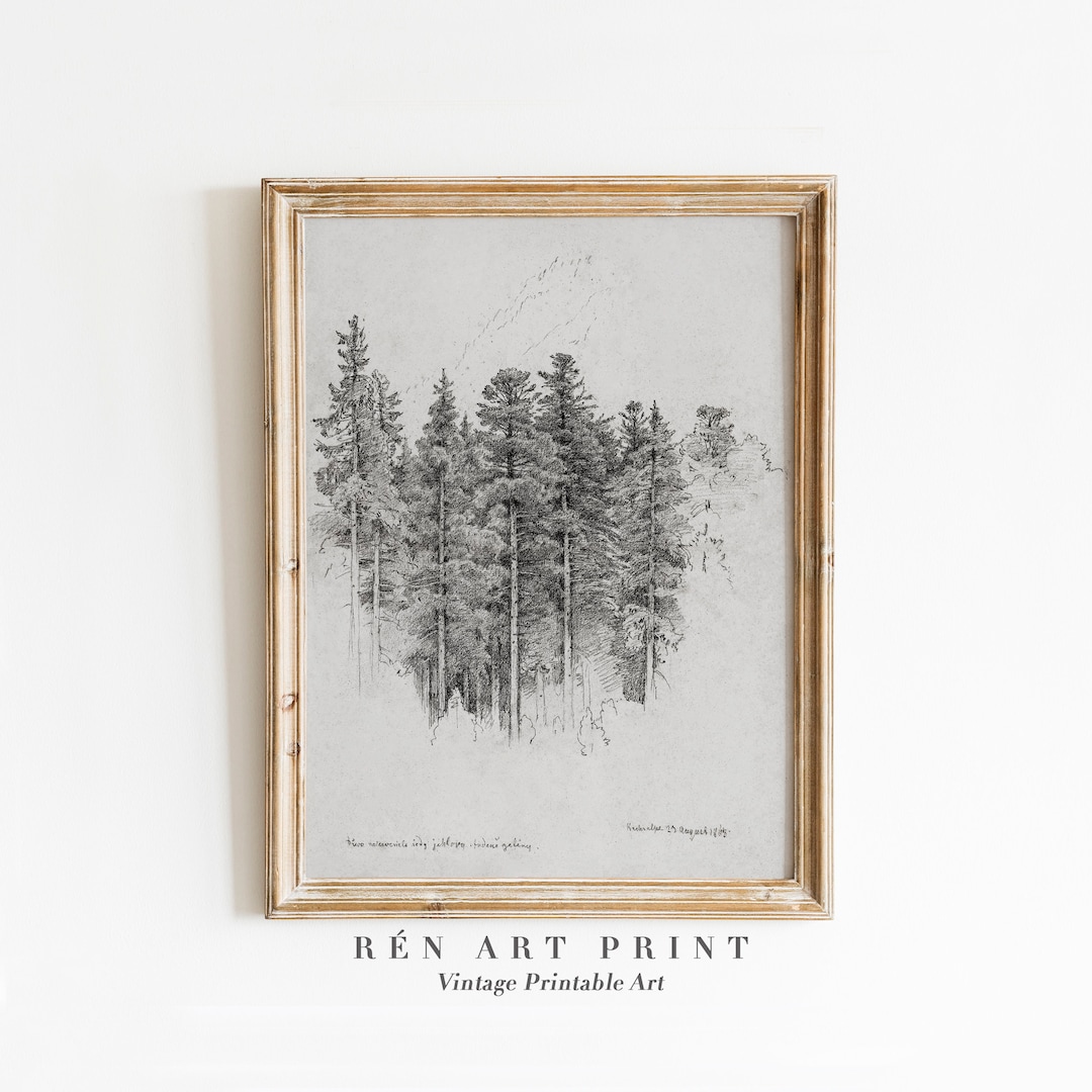 Antique Forest Sketch Printable Art | Vintage Neutral Landscape Drawing ...