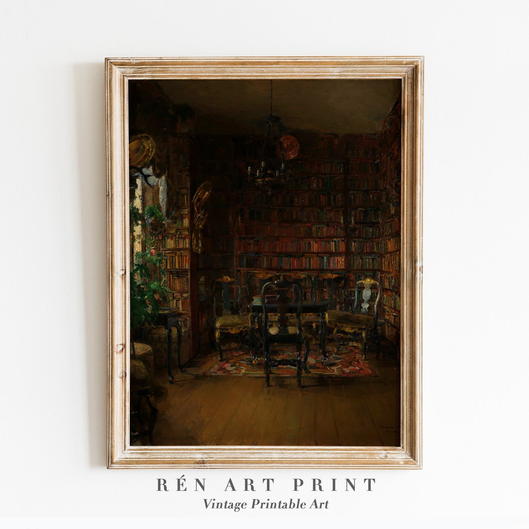 Vintage Library Print | Antique Oil Painting | Printable Wall Art ...