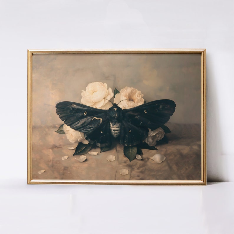 Vintage Moth & Flower Art Print | Gothic Halloween Decor (digital ...