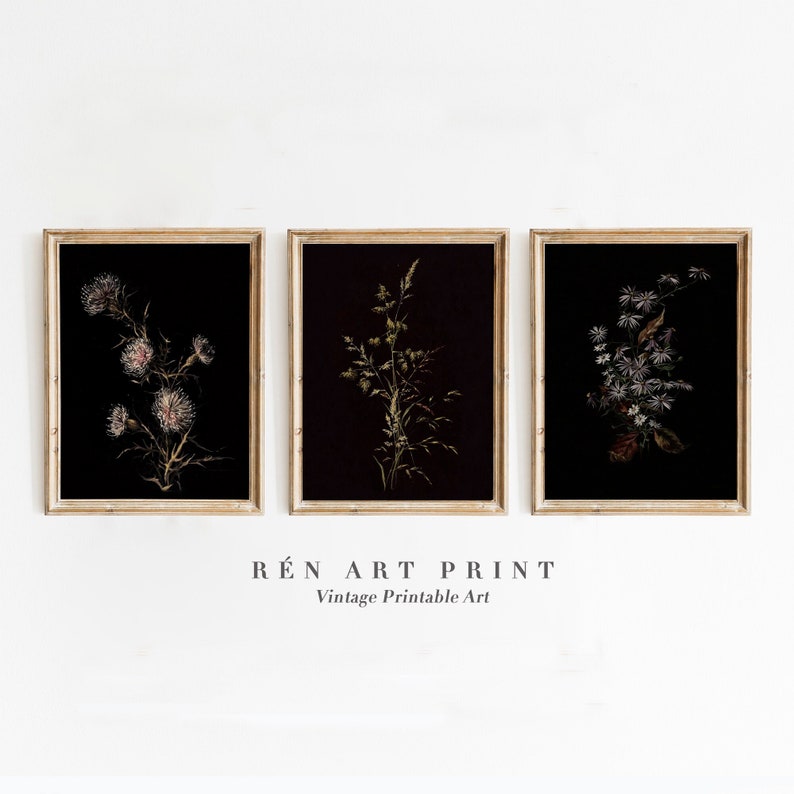 Dark Botanical Gallery Wall Art Moody Floral Print Set 3 Etsy
