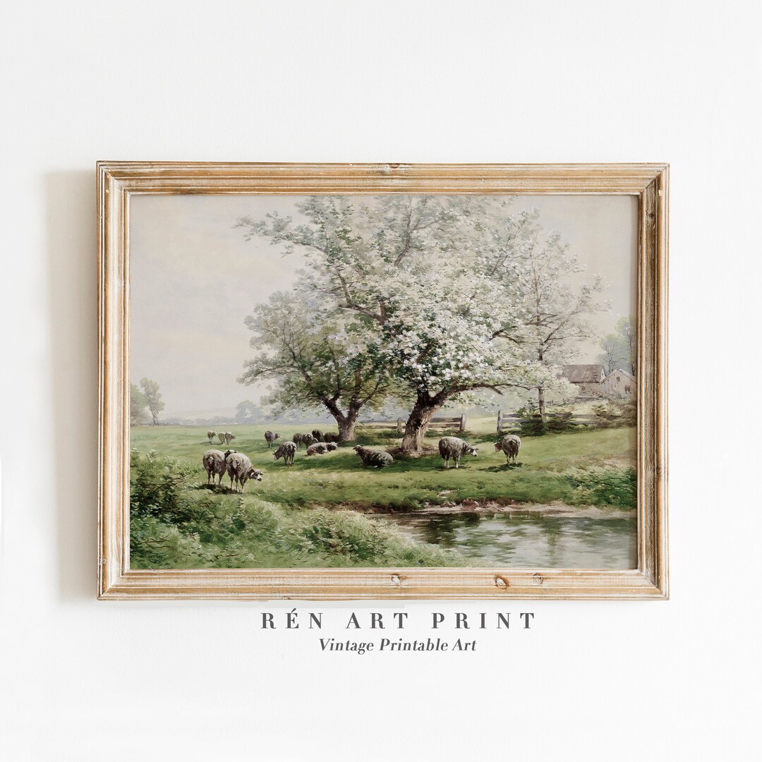 Spring Landscape Painting | Printable Wall Art | Vintage Sheep Print ...