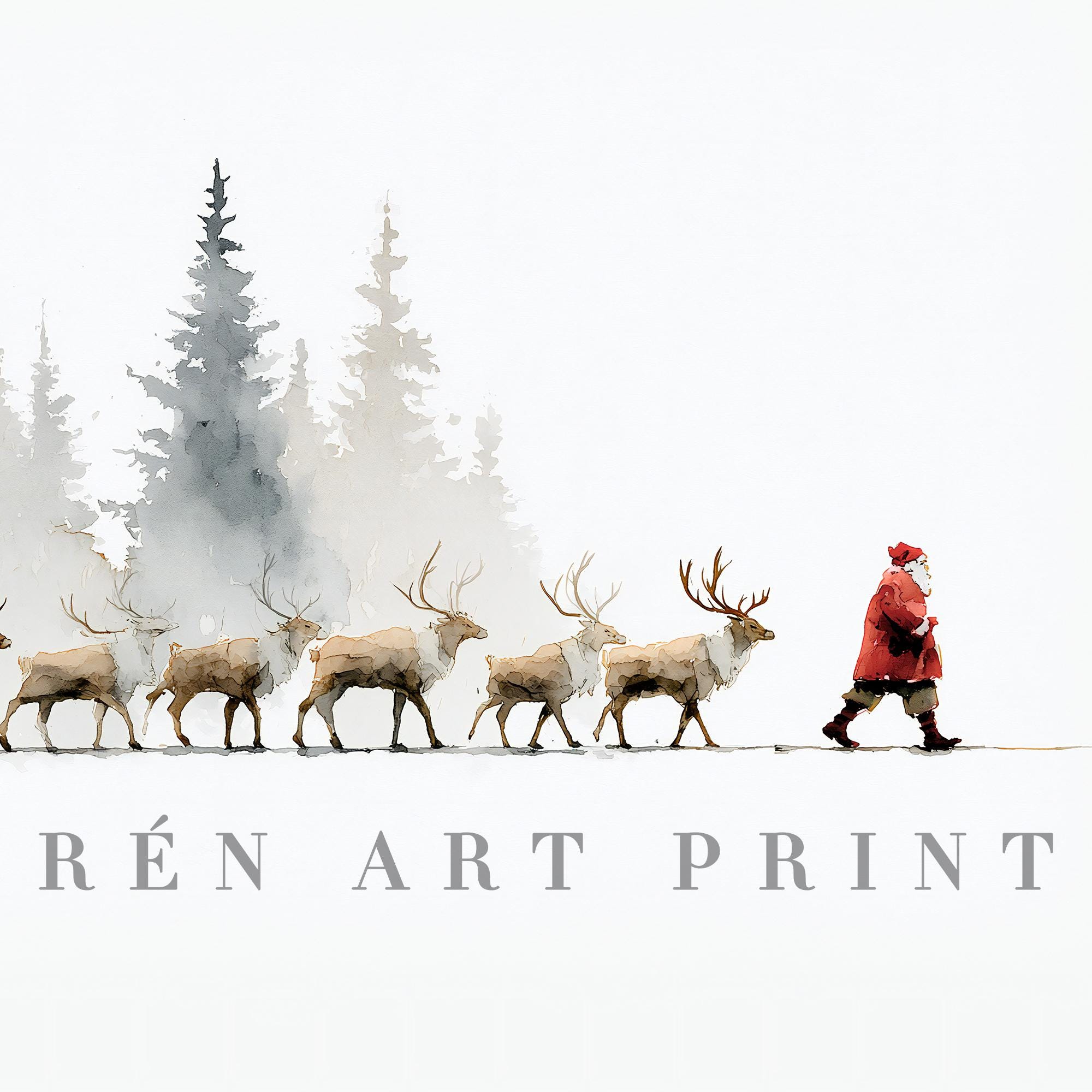 Santa and Reindeer Winter Landscape Print (digital Download) - Etsy