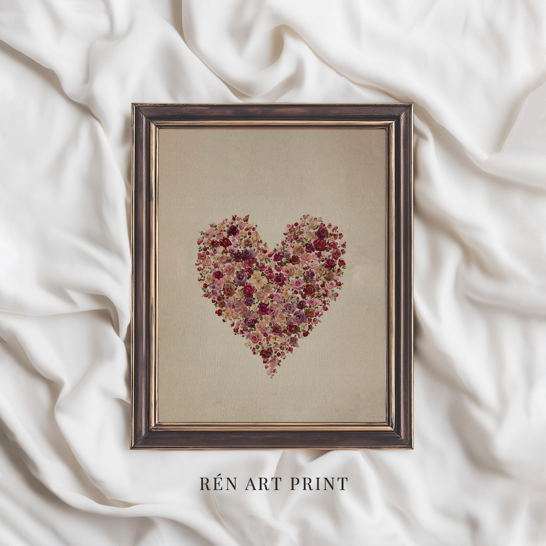 Vintage Floral Heart Print | Romantic Valentine Wall Art | Rose Heart ...