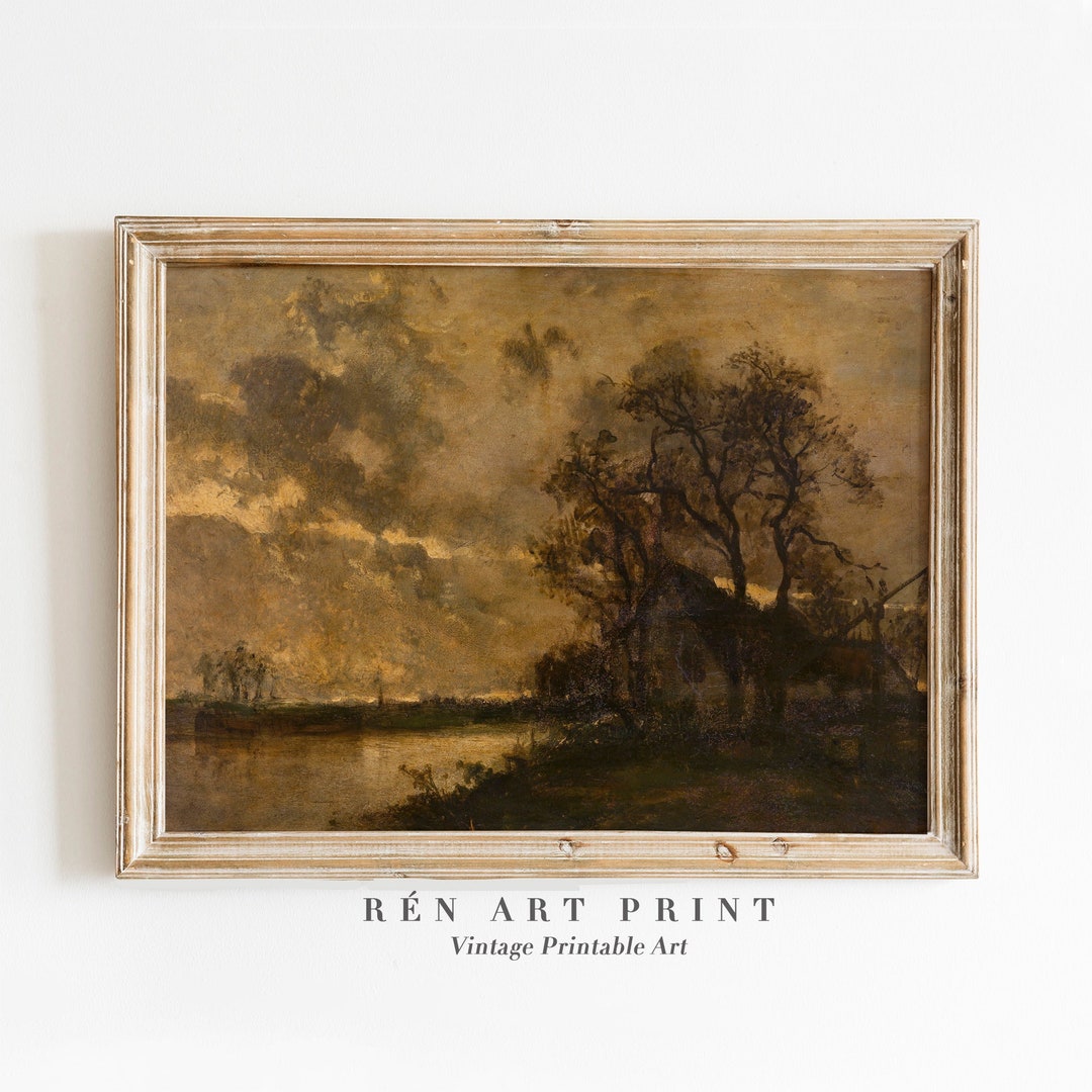 Moody Landscape Painting | Antique Rustic Wall Art | Vintage Sunset ...