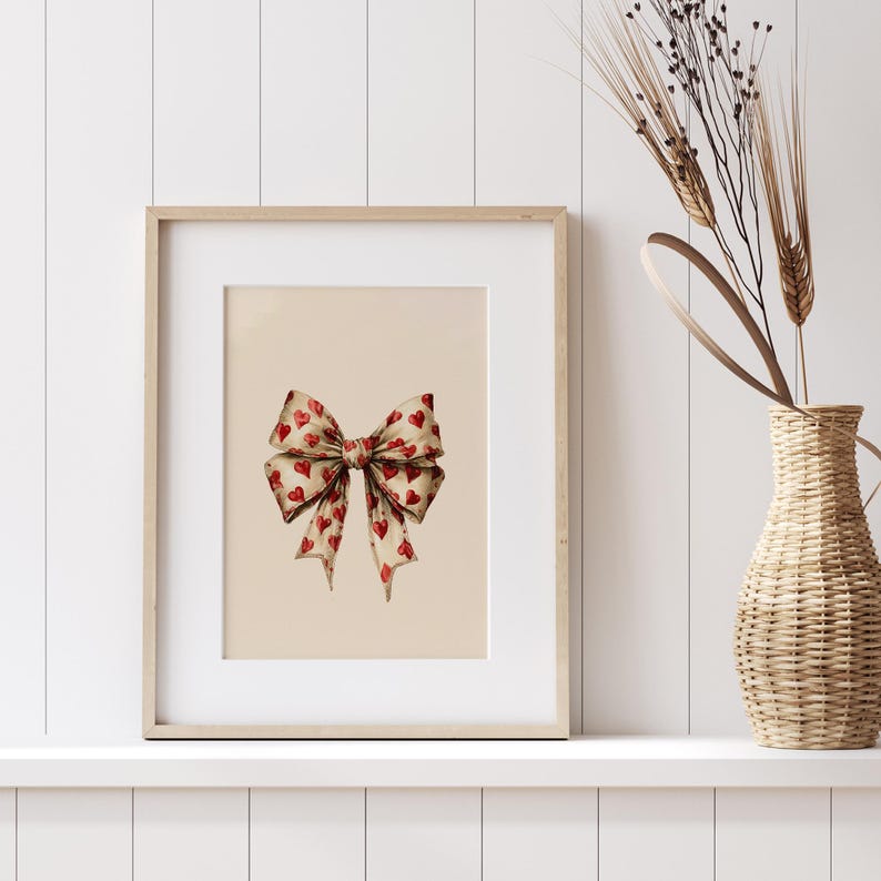 Printable Heart Bow Wall Art | Neutral Valentine Decor | Romantic ...