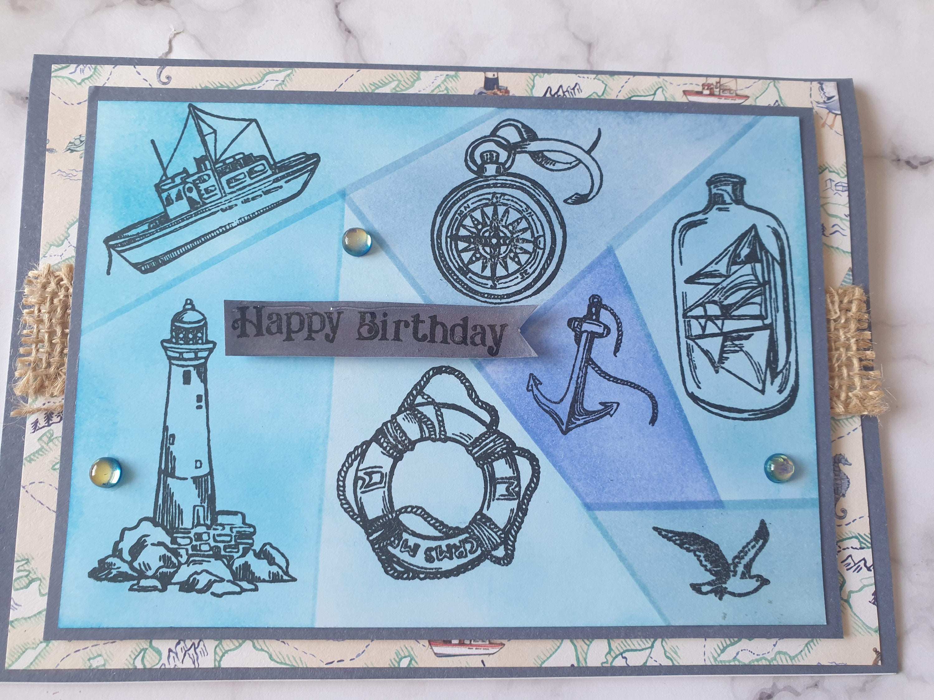 Nautical Birthday Card. Lighthouse, Compass, Boat,ship,anchor,yachting ...