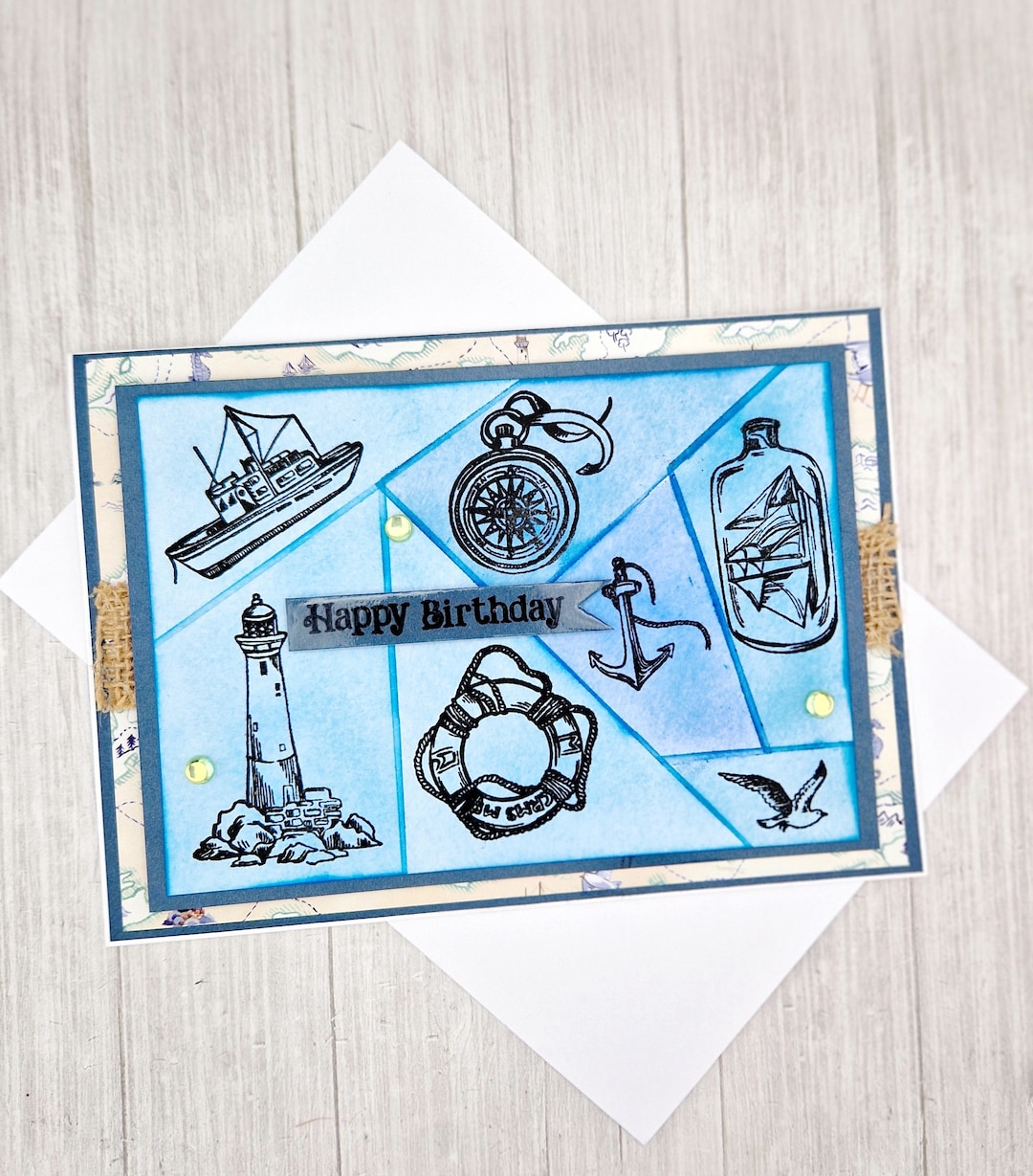 Nautical Birthday Card. Lighthouse, Compass, Boat,ship,anchor,yachting ...