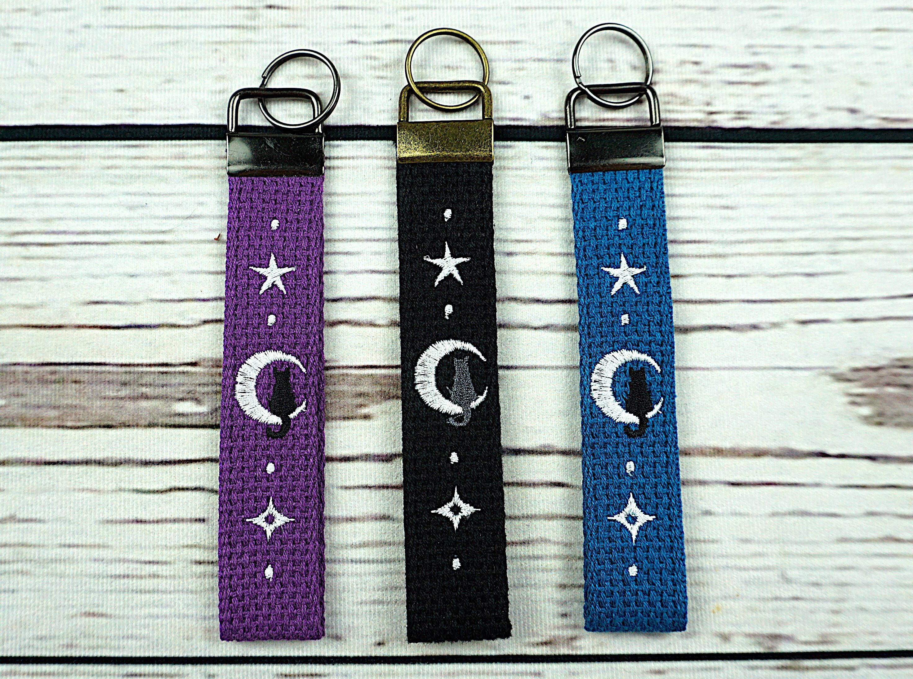Embroidered Cat Moon Key Chain Wristlet, Celestial Kitty 100% Cotton ...
