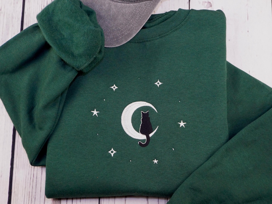 Embroidered Cat Moon Sweatshirt, Celestial Kitty Adult Crew Neck ...