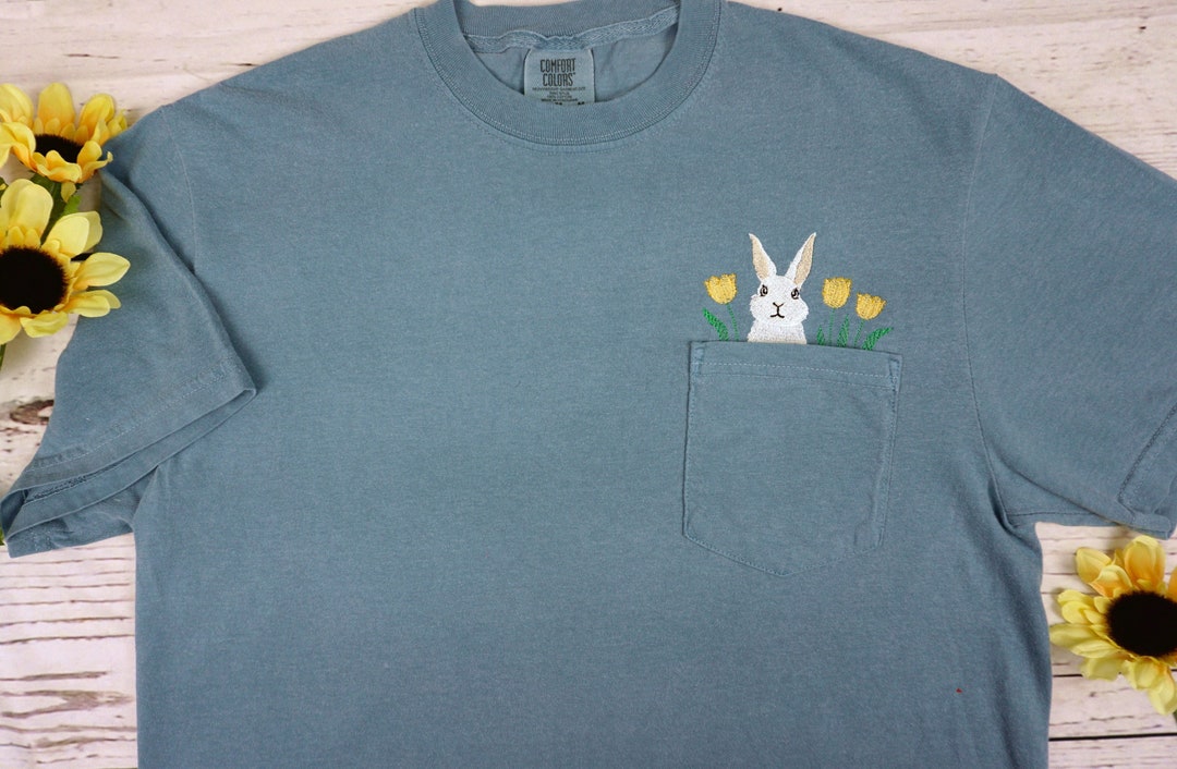 Embroidered Pocket Tee With Rabbit and Flowers, Comfort Colors Vintage ...