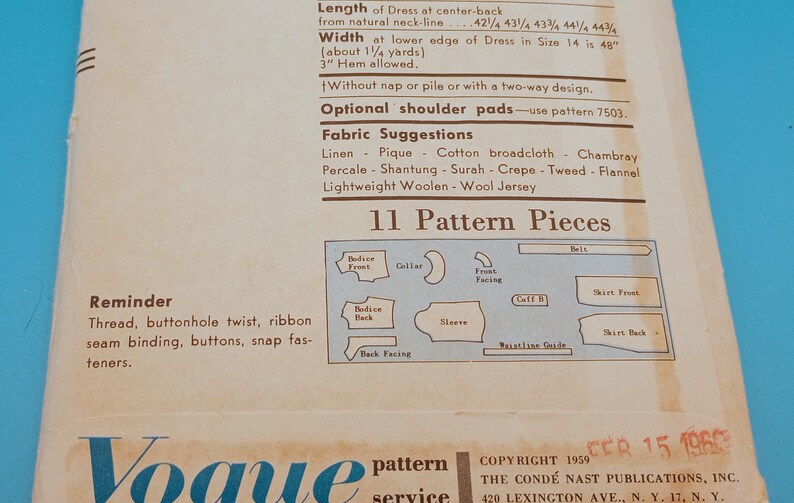 Vintage 1959 Sewing Pattern Vogue 9894 Dress Sz 14 B 34 H 36 Complete ...