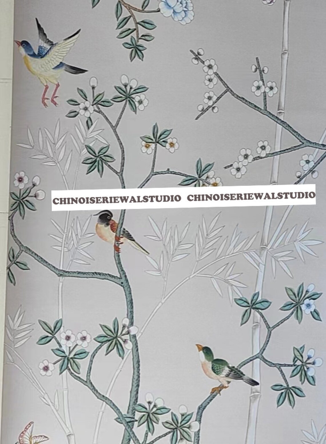 Chinoiserie Panel Hand Painted Wallpapers on Metallic Xuan 36"x96 ...