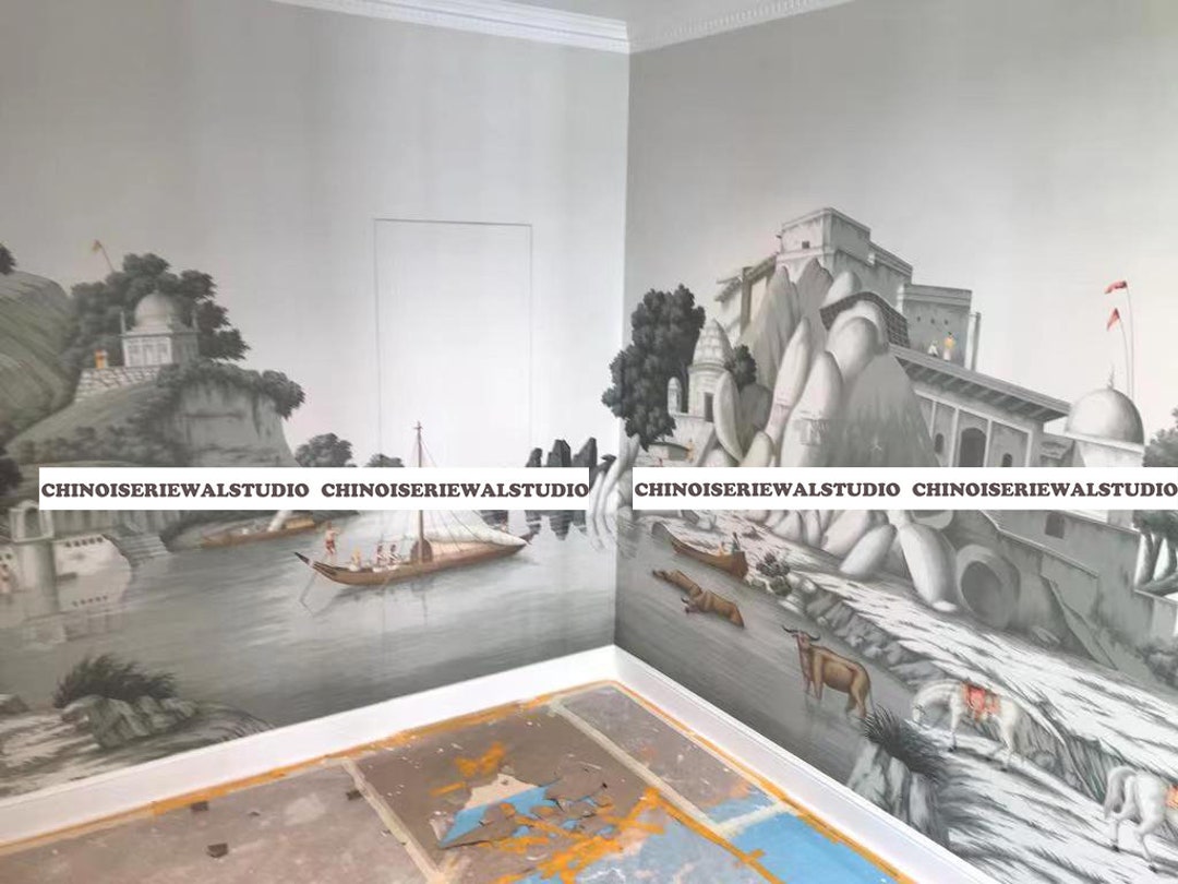 India Mural Hand Painted Wallpapers on Crystal Grey Scenic Paper 36"x88 ...