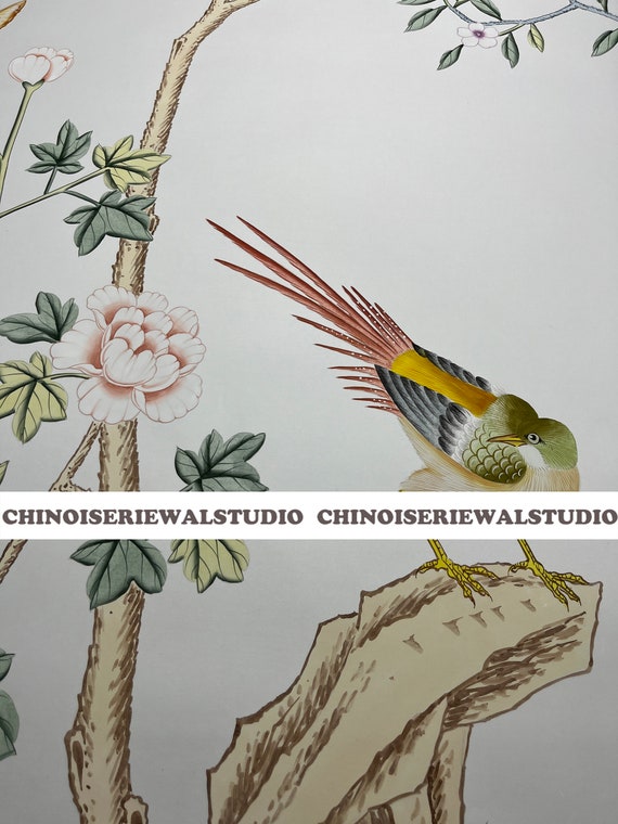 Chinoiserie Panels Hand Painted Wallpapers on White Silk - Etsy