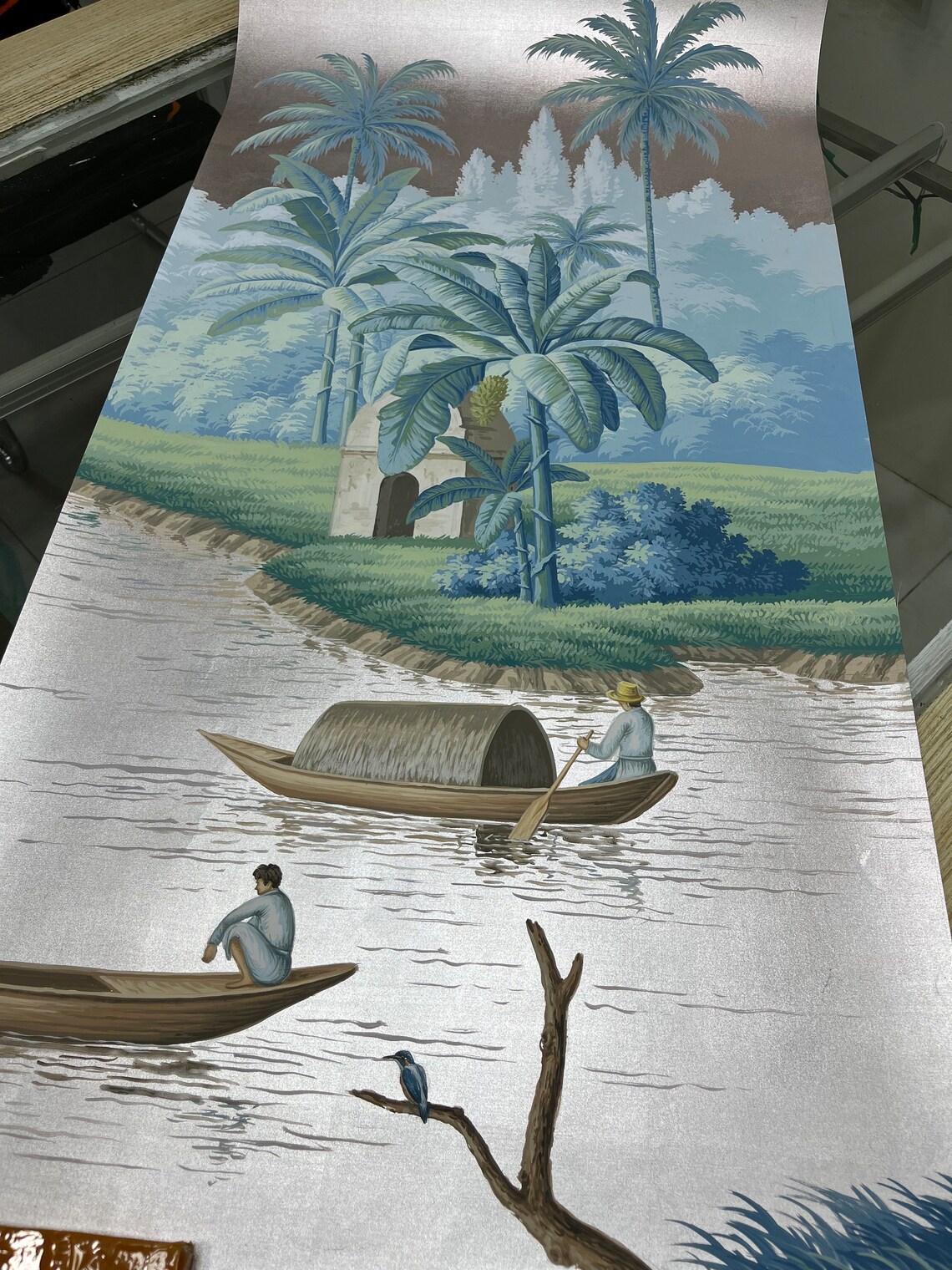 Panoramic Mural Hand Painted Wallpaper on Tarnished Silver Gilded Paper ...