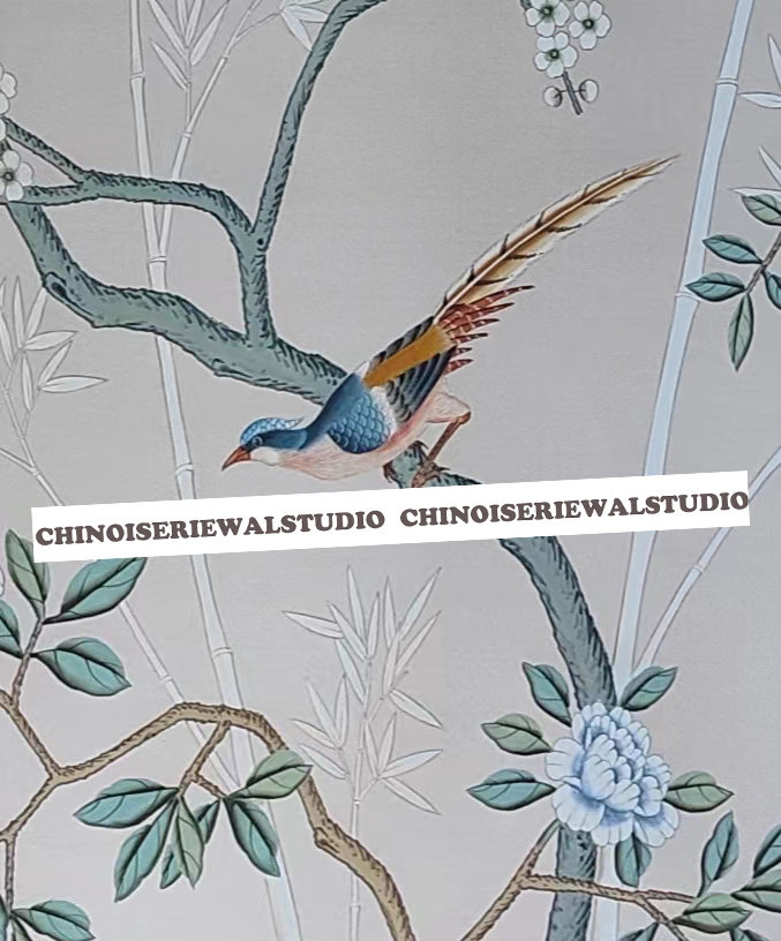 Chinoiserie Panel Hand Painted Wallpapers on Metallic Xuan 36"x96 ...