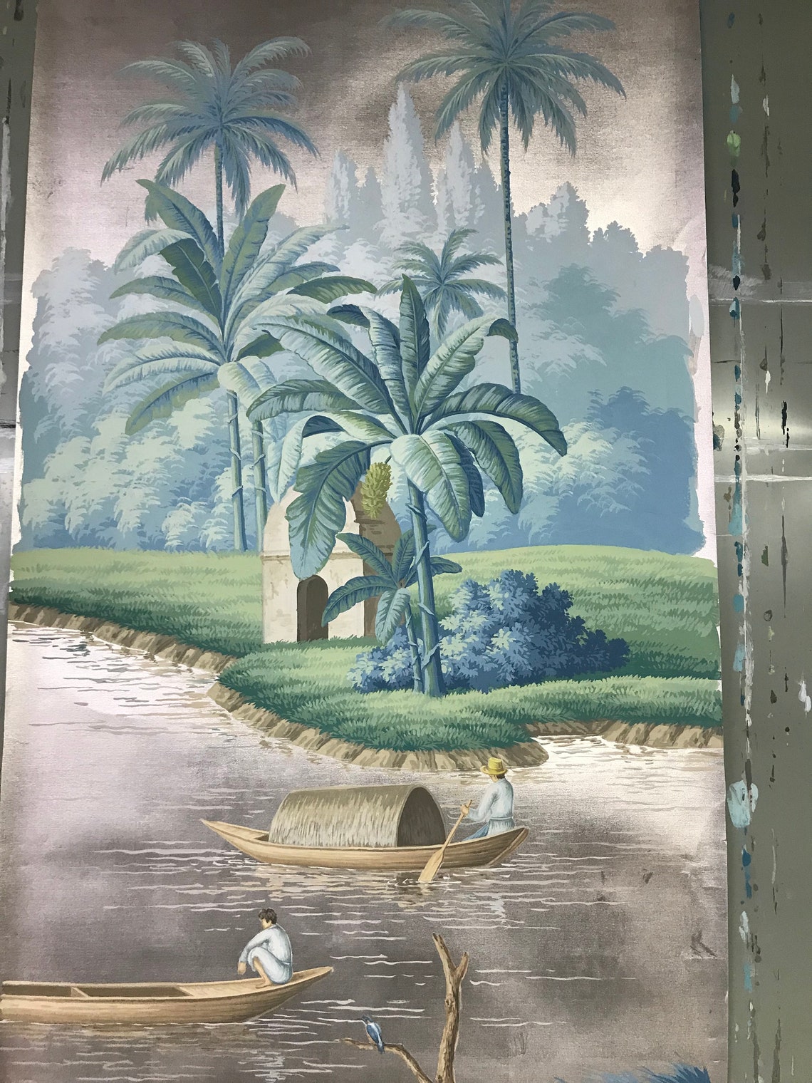 Panoramic Mural Hand Painted Wallpaper on Tarnished Silver Gilded Paper ...