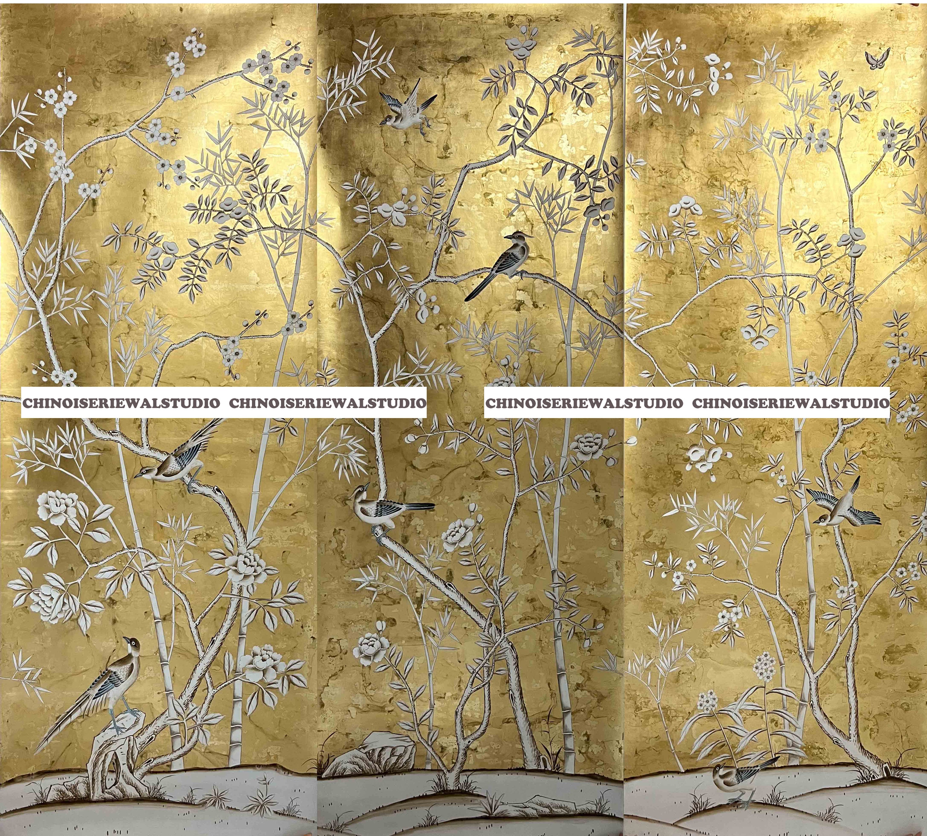 Chinoiserie Wallpaper Panel | Hand-painted Birds Artworks on Antiqued ...