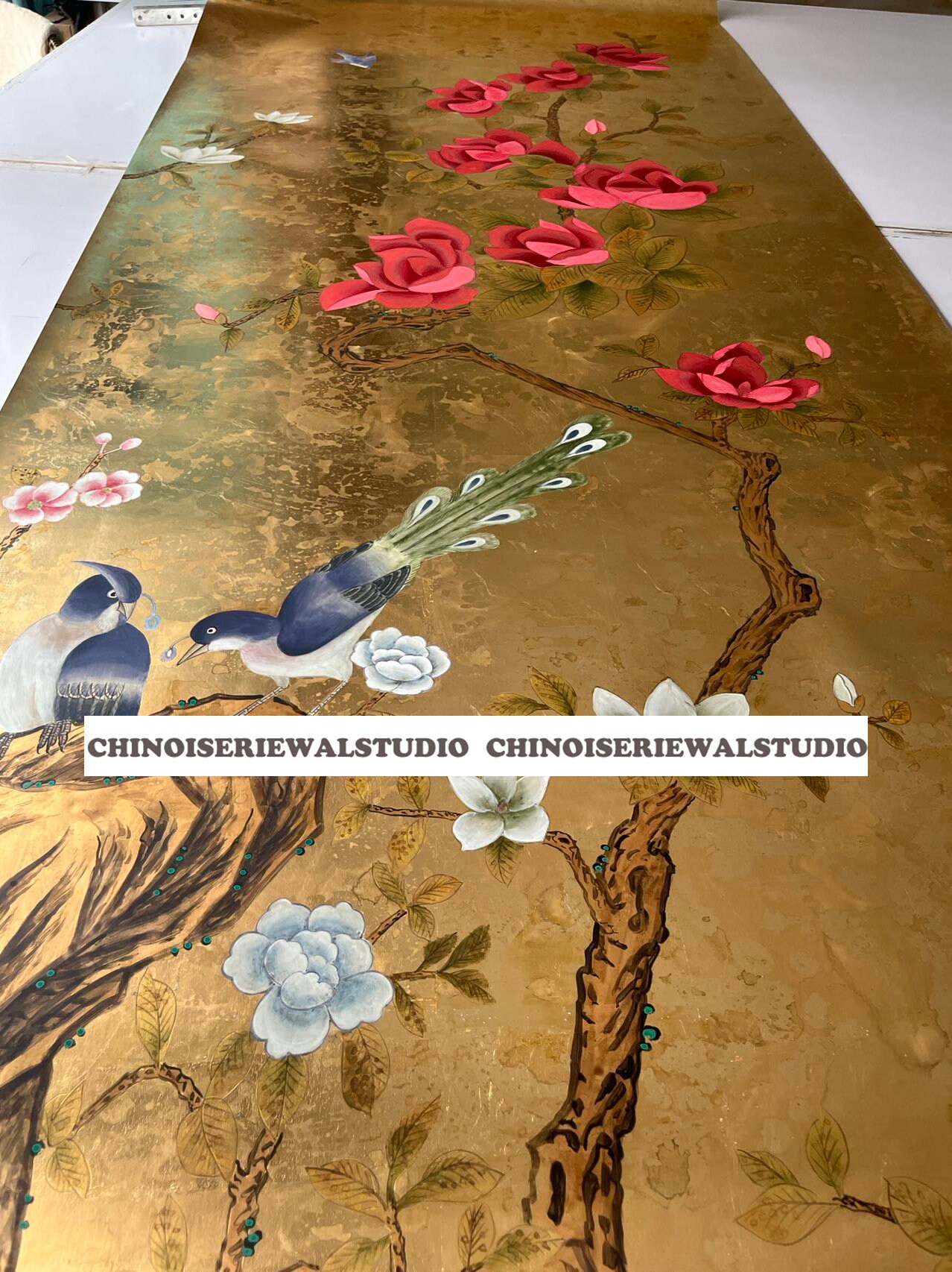 Japanese Garden Hand Painted Wallpapers on Antiqued Gold Metallic - Etsy