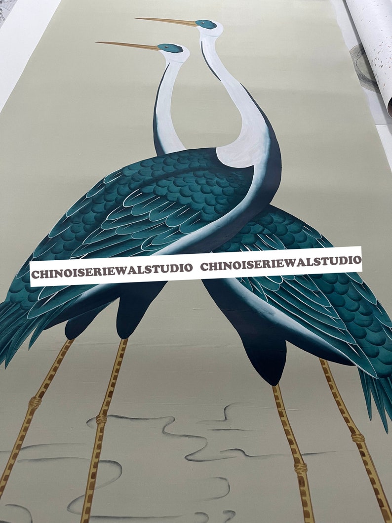 Blue Cranes Wallpaper Hand Painted Wallpapers on Slub Silk 35"x100 ...