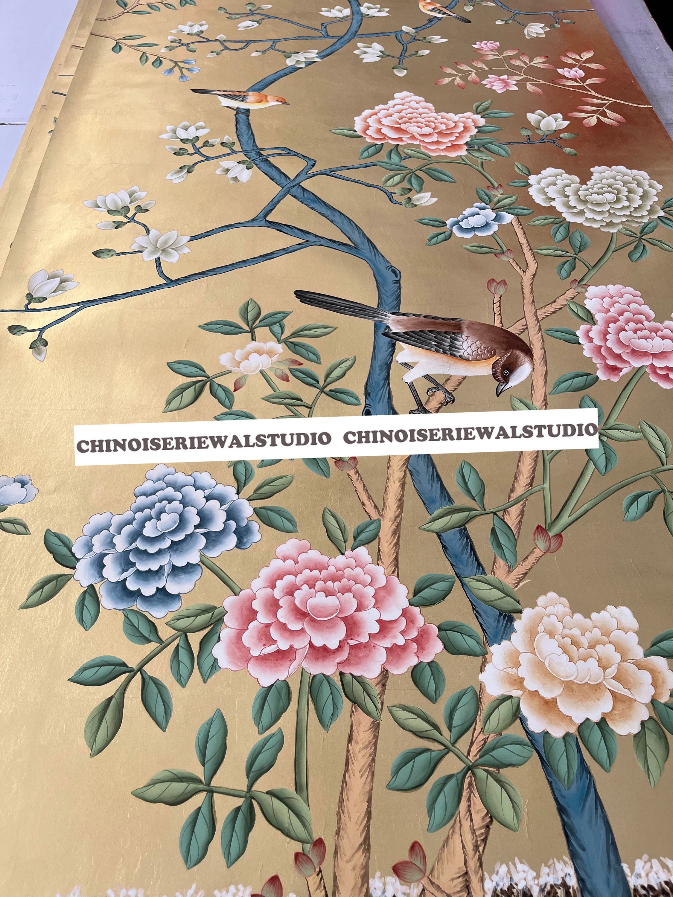 Chinoiserie Murals Hand Painted Wallpapers on Gold Metallic 3ft X 8ft ...