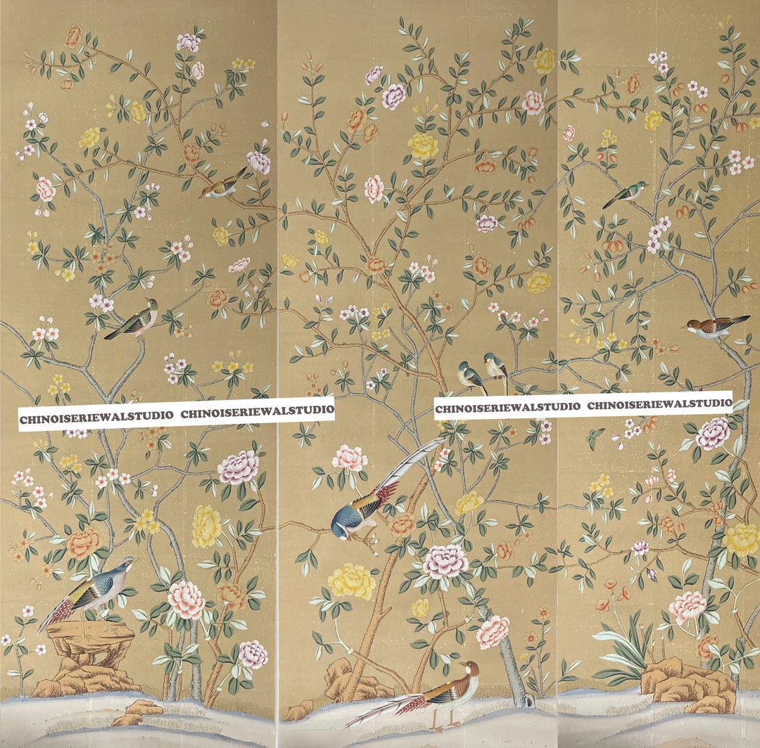 Chinoiserie Mural Hand Painted Wallpaper on Tea Paper 36"x96"/panel ...
