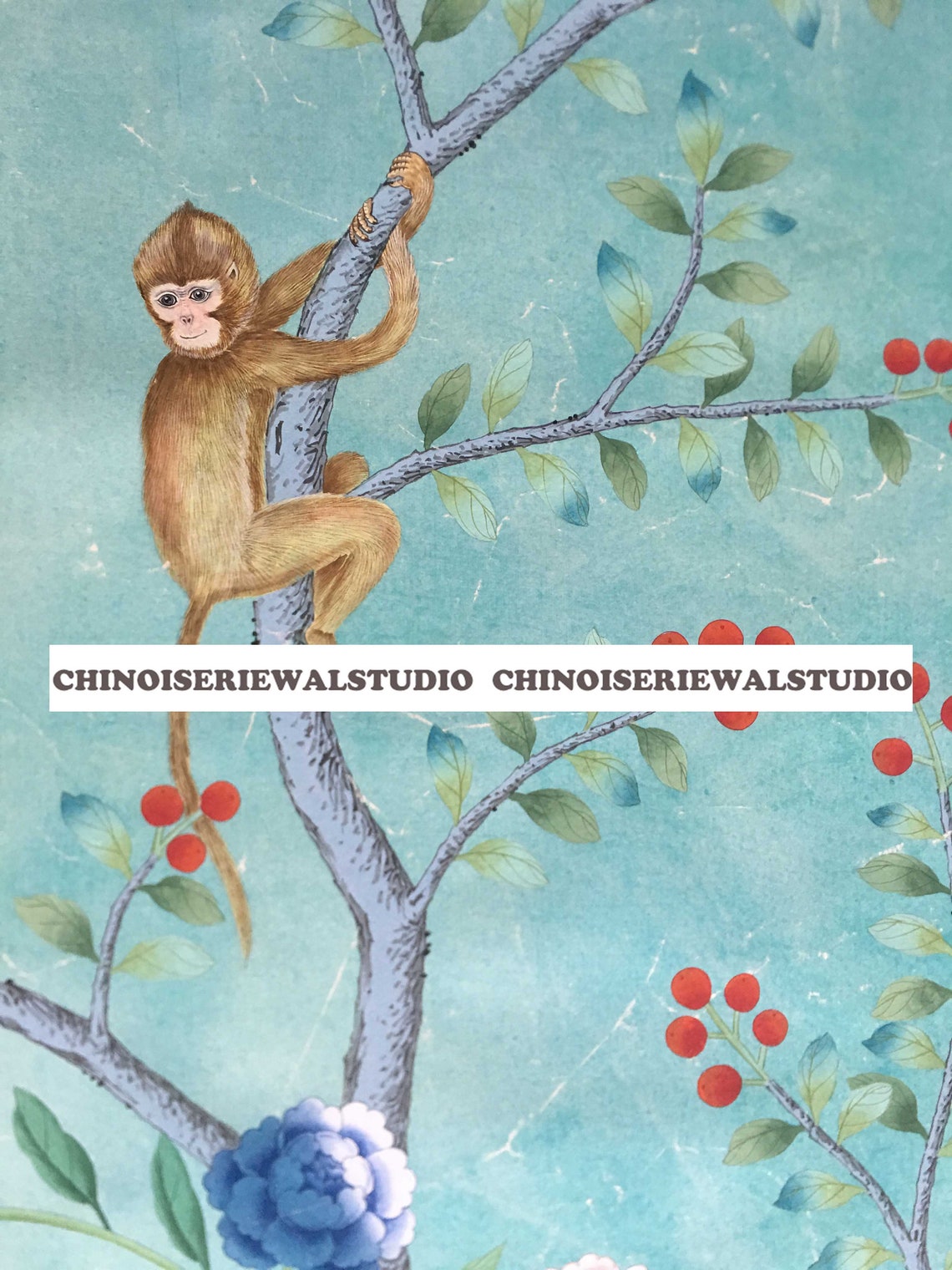 Palm Tree Chinoiserie Panel Hand Painted Wallpaper on Blue EDO XUAN ...