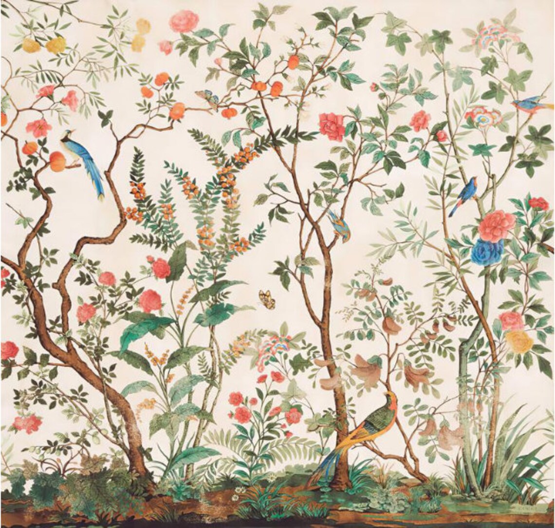 Chinoiserie Mural Hand Painted Wallpapers on Silk 36x100/panel Accept ...