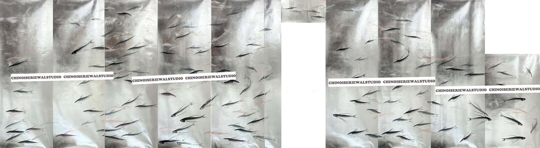 Hand Painted Fish Wallpapers on Antiqued Silver Metallic 36"x96"/panel ...