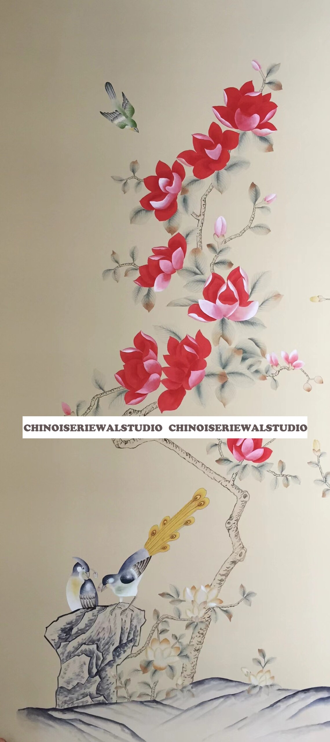 Japanese Garden Hand Painted Wallpapers | Chinoiserie Artworks - Etsy