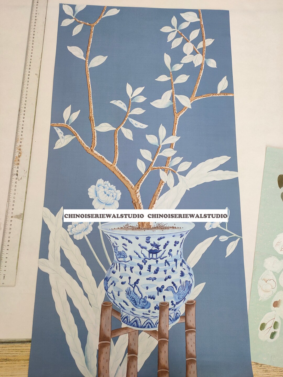 Big Sample for Chinoiserie Panels Hand Painted Wallpapers on Blue Silk ...