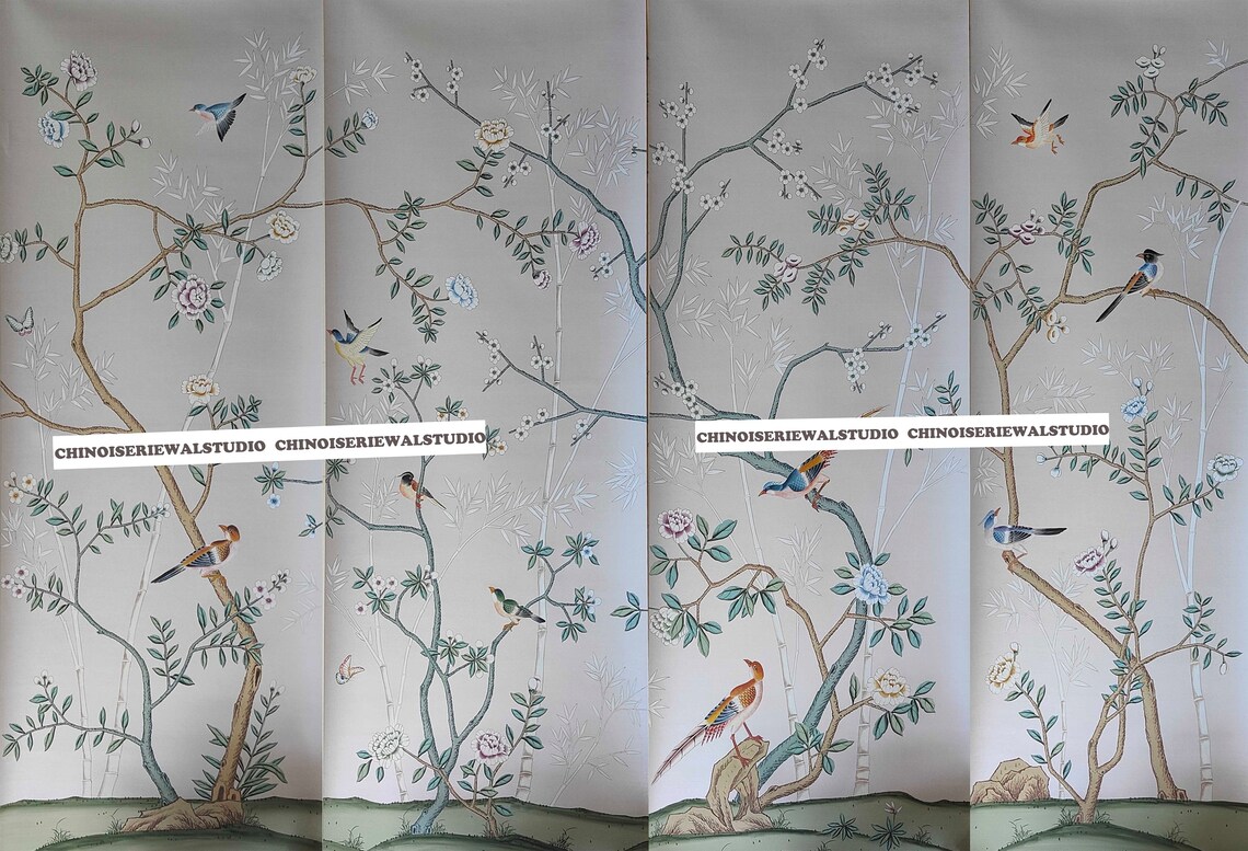 Chinoiserie Panel Hand Painted Wallpapers on Metallic Xuan 36"x96 ...