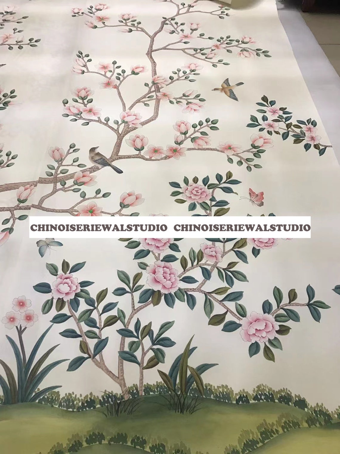 Pink Floral Chinoiserie Wallpapers Hand Painted Wallpapers on Silk ...