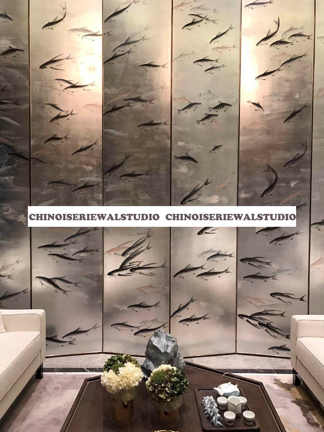 Fish Wallpaper Hand Painted Wallpapers on Antiqued Silver Metallic ...