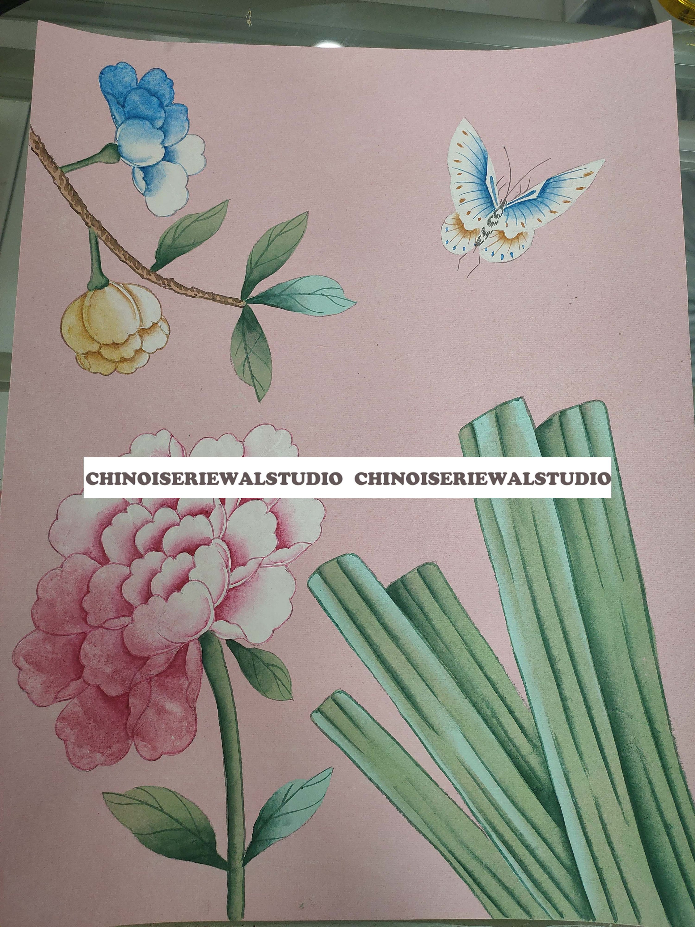 Pink Chinoiserie Hand-painted Wallpaper Sample | Floral Mural on Pink ...