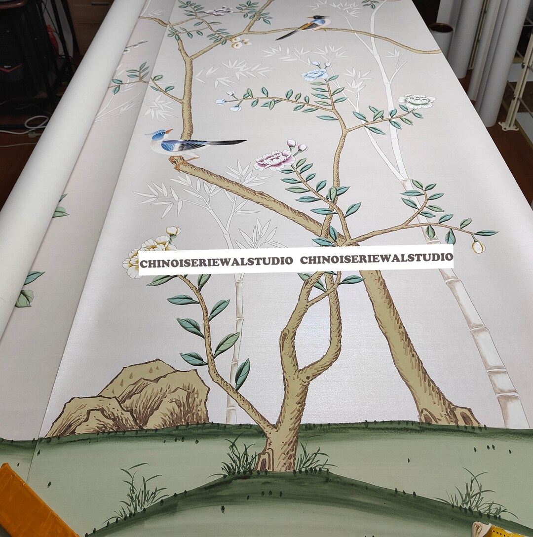 Chinoiserie Panel Hand Painted Wallpapers on Metallic Xuan 36"x96 ...
